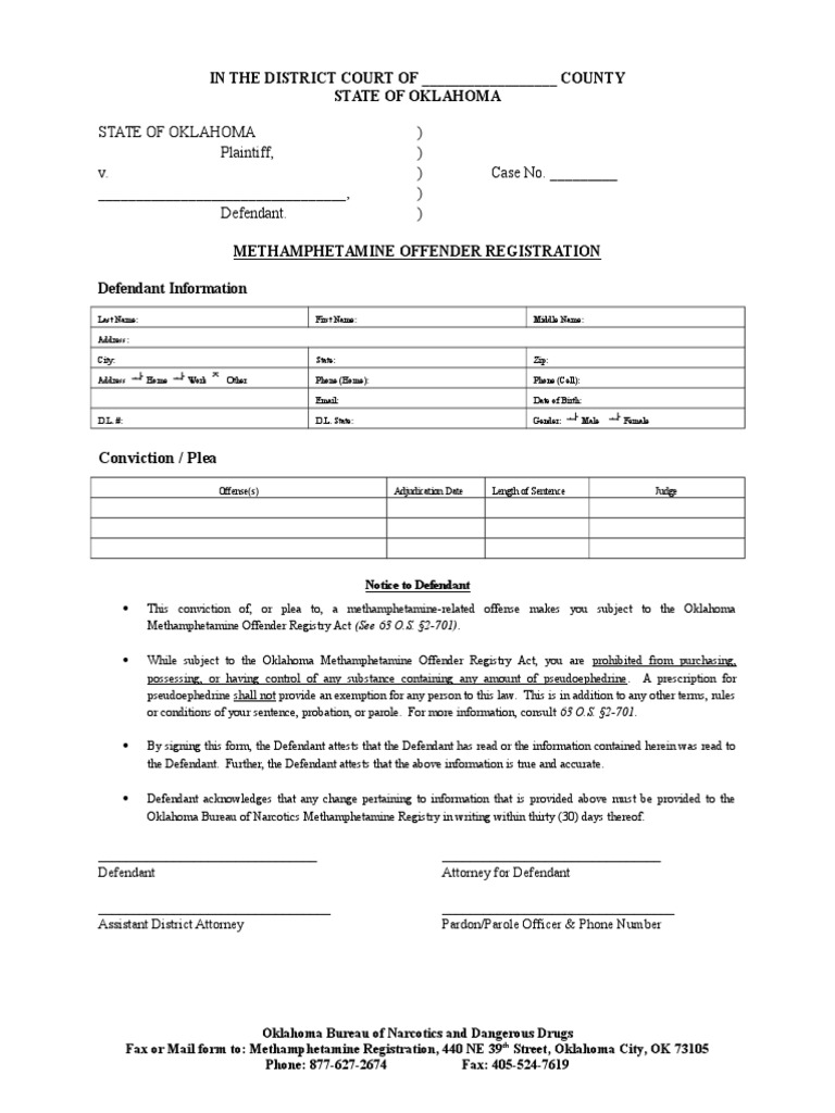 Oklahoma Meth Offender Registration Form | PDF