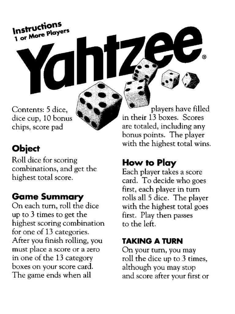 Yahtzee Instruction Manual | PDF