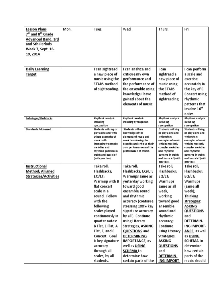 Lesson Plans Week 7 7th and 8th Grade Band Sept 16-19 2014 | PDF | Clef ...
