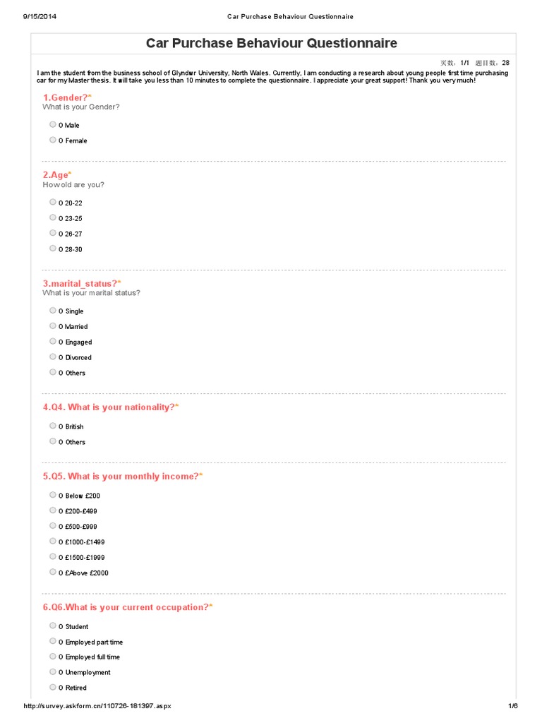 Car Purchase Behaviour Questionnaire | PDF | Advertising | Economies