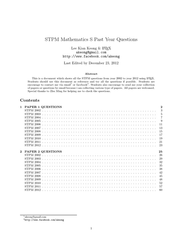 STPM Mathematics S Past Year Questions | PDF | Mean | Factorization