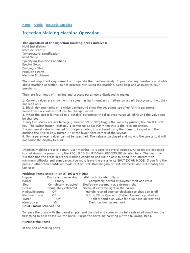 Proper Operation and Shutdown Procedures for an Injection Molding ...