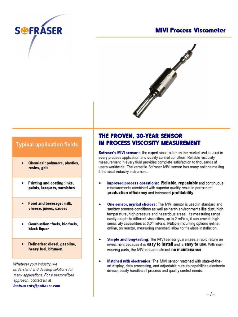 MIVI Process Viscometer Applications and Specifications | PDF | Sensor | Chemistry