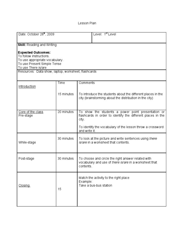 1st Level Reading & Writing Lesson Plan | PDF