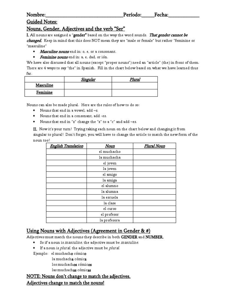 Guided Notes Adjective Noun Agreement and The Verb Ser | PDF ...