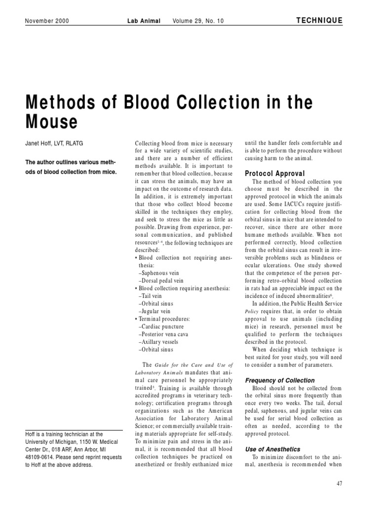 Methods of Blood Collection in The Mouse | PDF