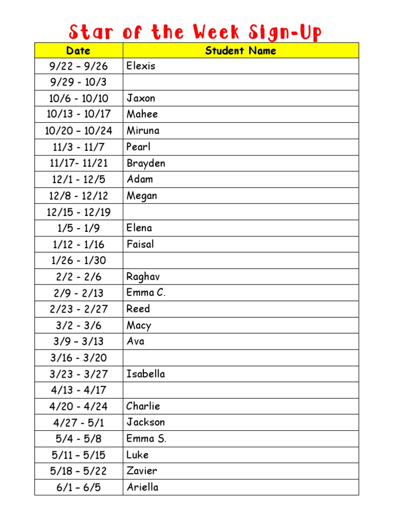 Star of the Week Schedule | PDF | Art