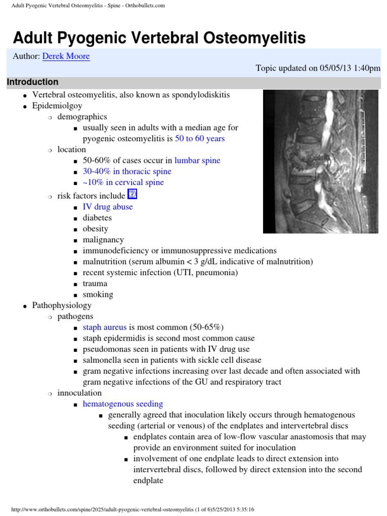Adult Pyogenic Vertebral Osteomyelitis - Spine | PDF | Vertebral Column ...