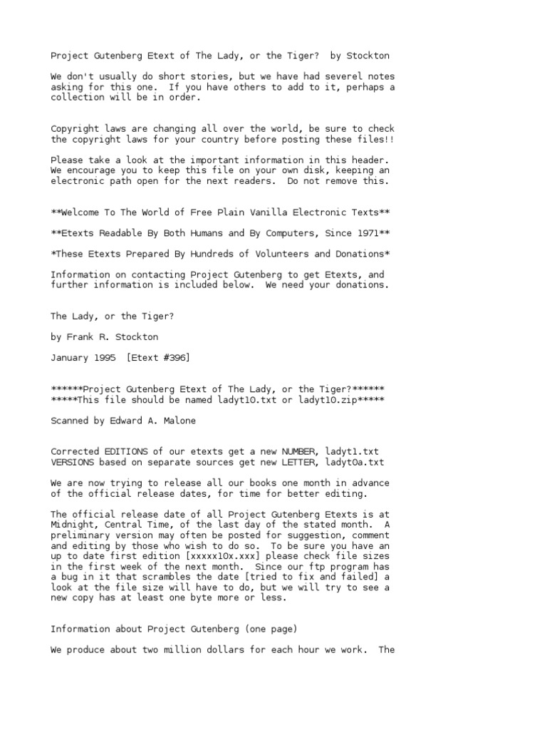 The Lady, or The Tiger? by Stockton, Frank Richard, 1834-1902 | PDF ...