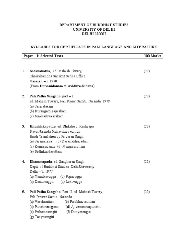 Certificate in Pali Language Syllabus | PDF | Pali | Indian Religions
