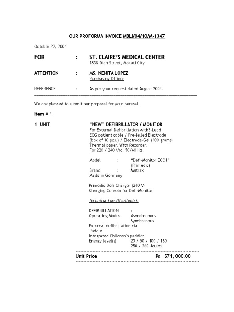 FOR: St. Claire'S Medical Center: Our Proforma Invoice Mbli/04/10/M ...
