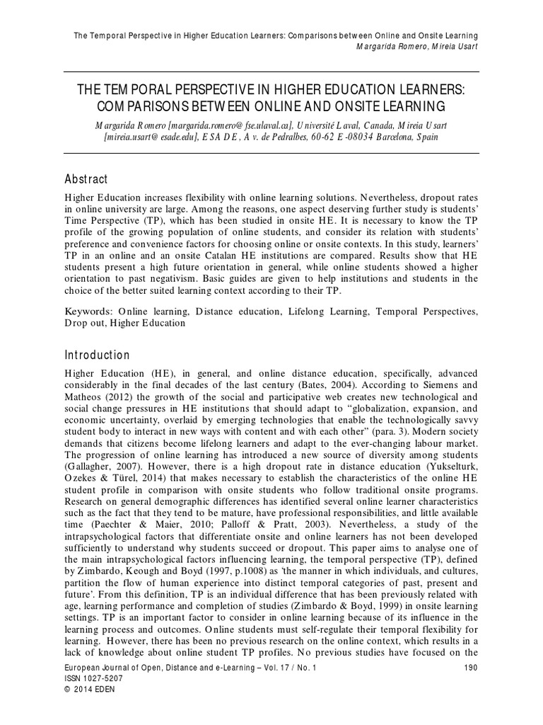The Temporal Perspective in Higher Education Learners: Comparisons ...
