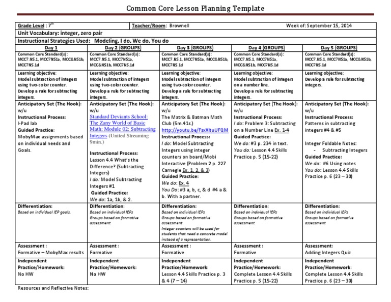 lesson plan week of 9 15 14 7th grade | Common Core State Standards ...