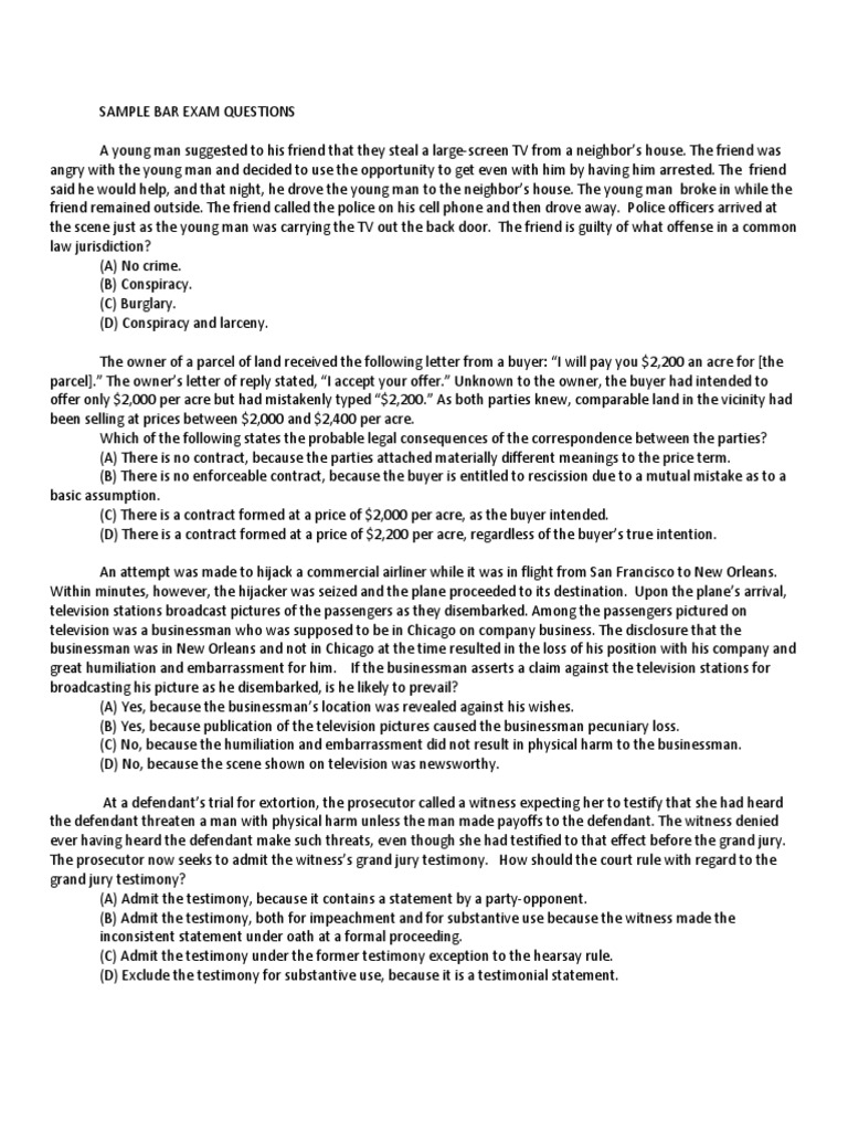 Sample Bar Exam Questions | PDF | Utilitarianism | Crime & Violence