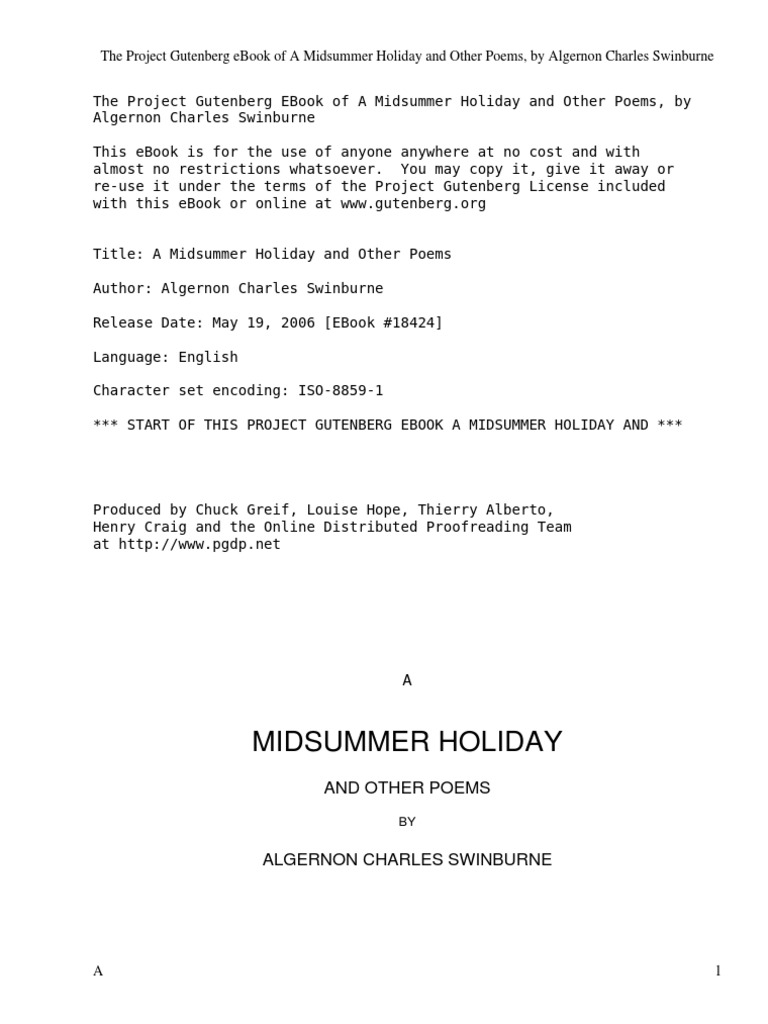 A Midsummer Holiday and Other Poems by Swinburne, Algernon Charles ...