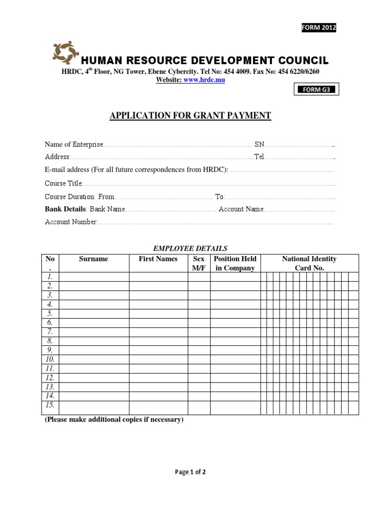 Human Resource Development Council: Application For Grant Payment | PDF