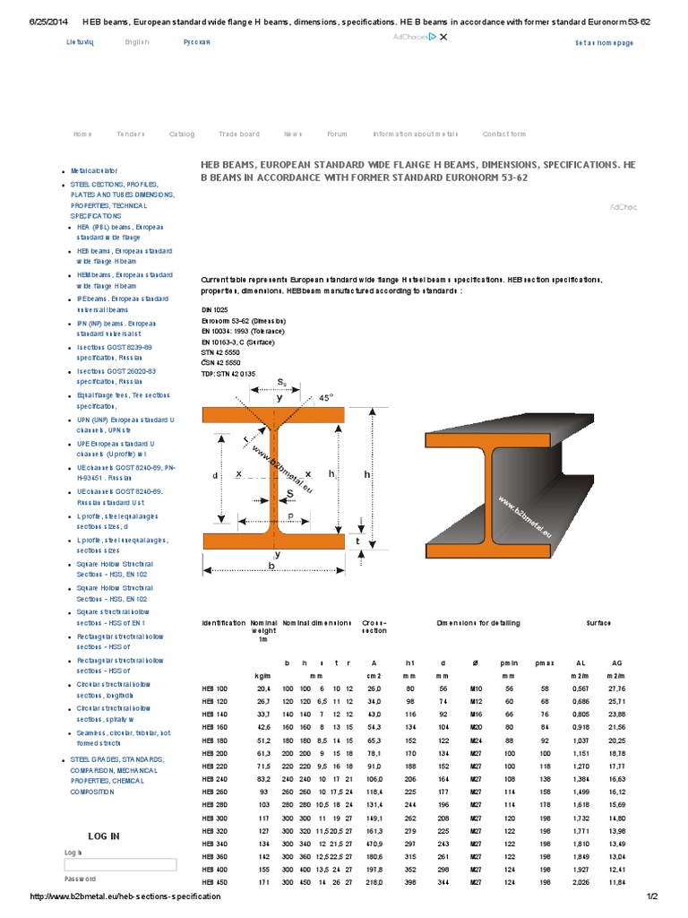 HEB Beams, European Standard Wide Flange H Beams, Dimensions, Specifications | Mechanical ...