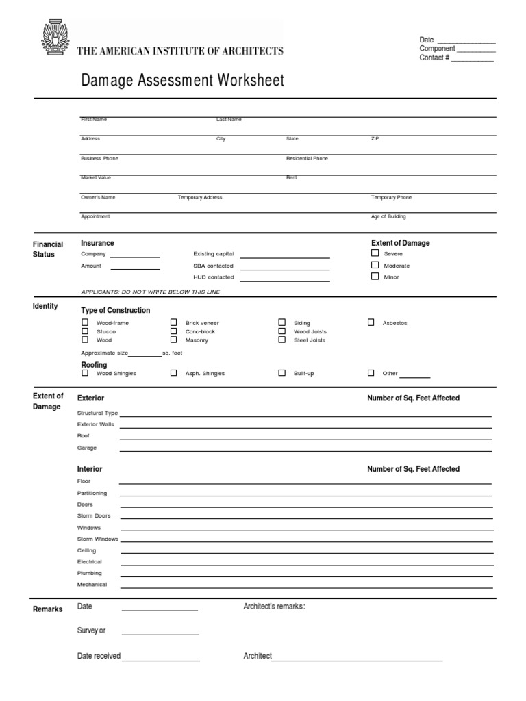 Damage Assessment Worksheet | PDF | Wood | Real Estate Law