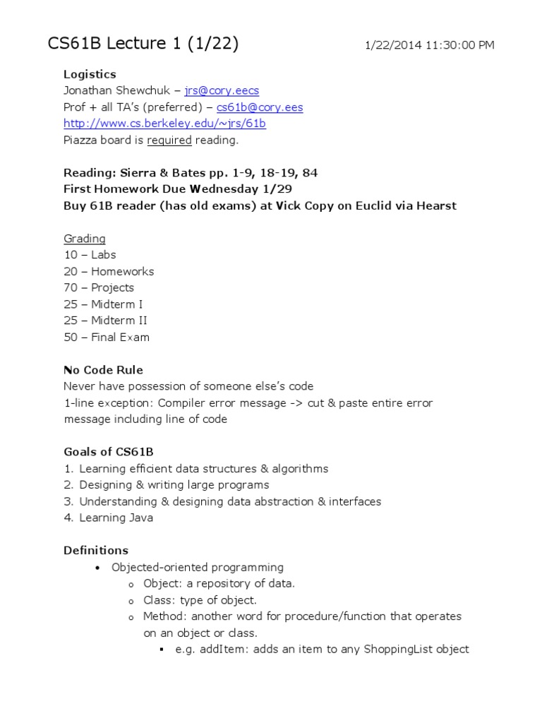 Cs61b Lecture Notes Pdf Inheritance Object Oriented Programming Method Computer 