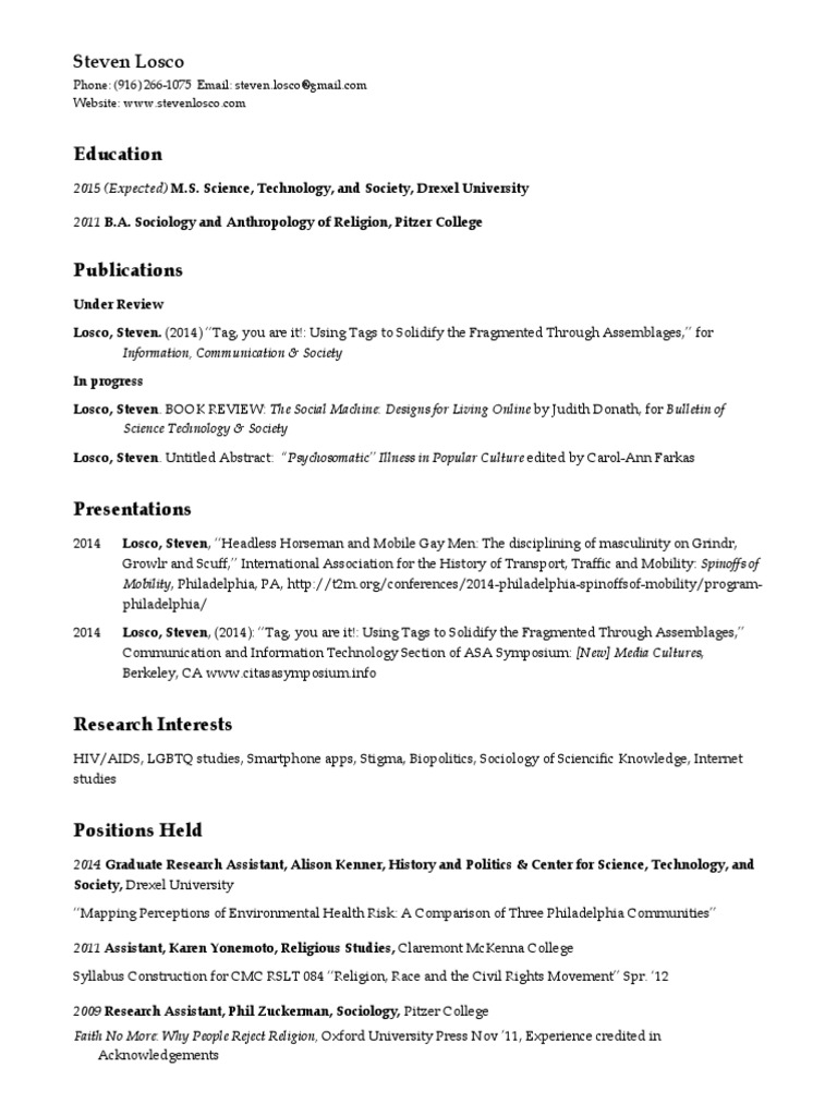 CV Steven Losco Mid Sept. | PDF | Sociology | Anthropology
