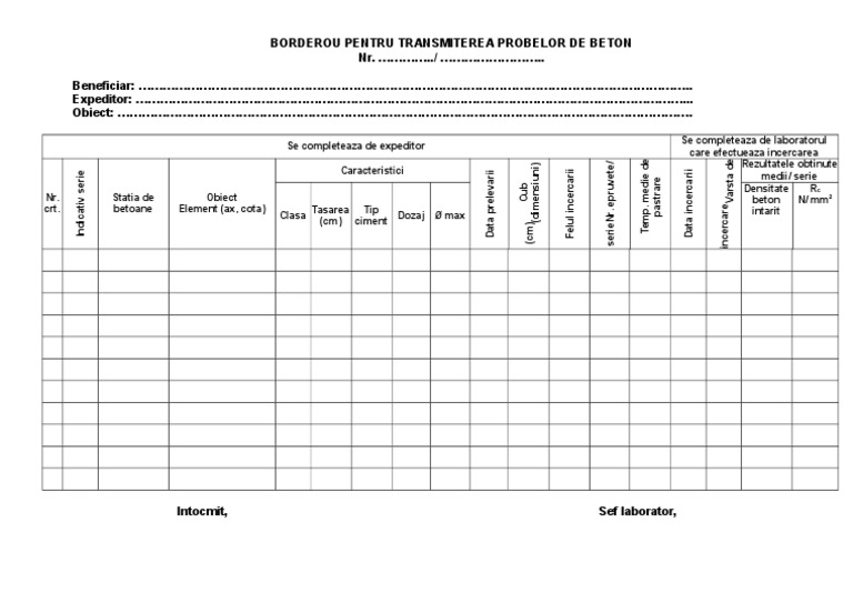 Borderou Pentru Transmiterea Probelor de Beton | PDF