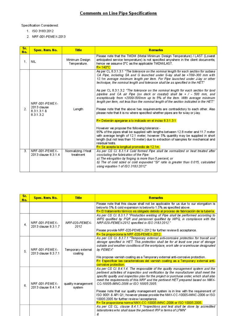 3 Comments On Line Pipe Specifications 2013 08 27 Respuestas | PDF ...