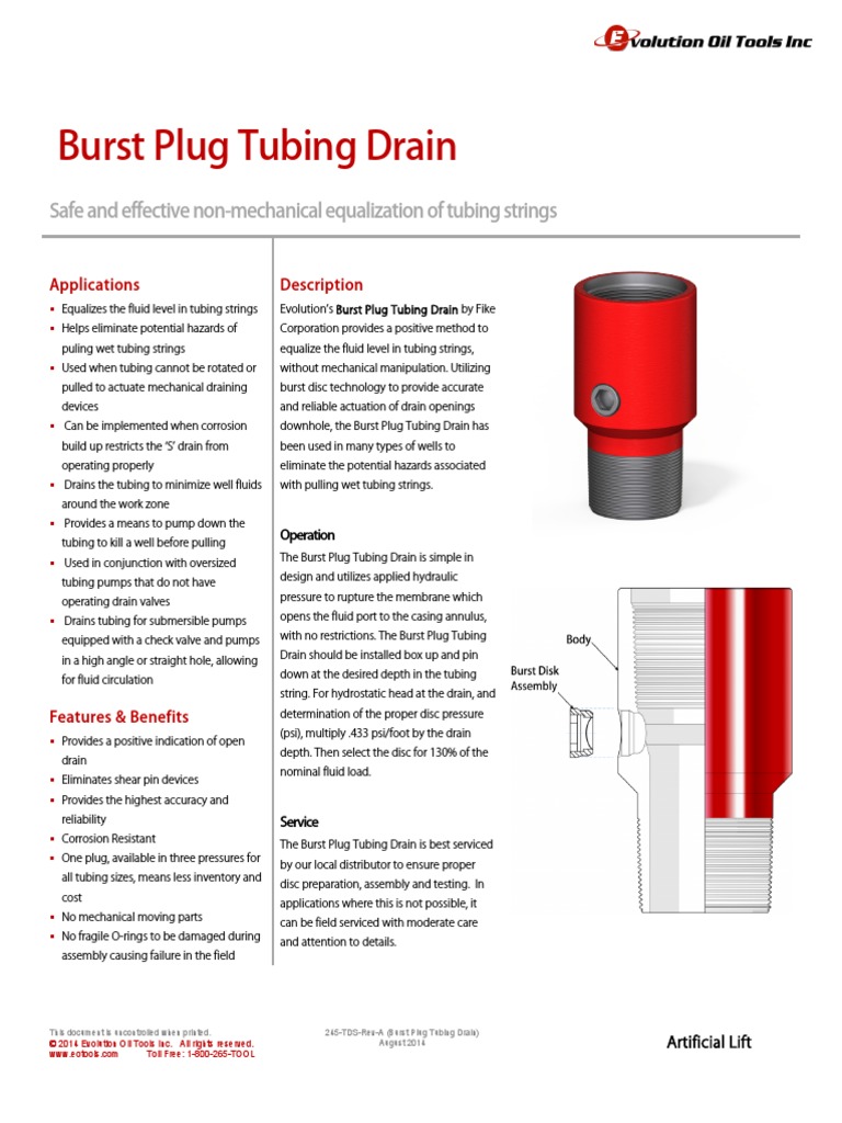 Burst Plug Tubing Drain - Technical Datasheet | PDF | Pressure | Gases