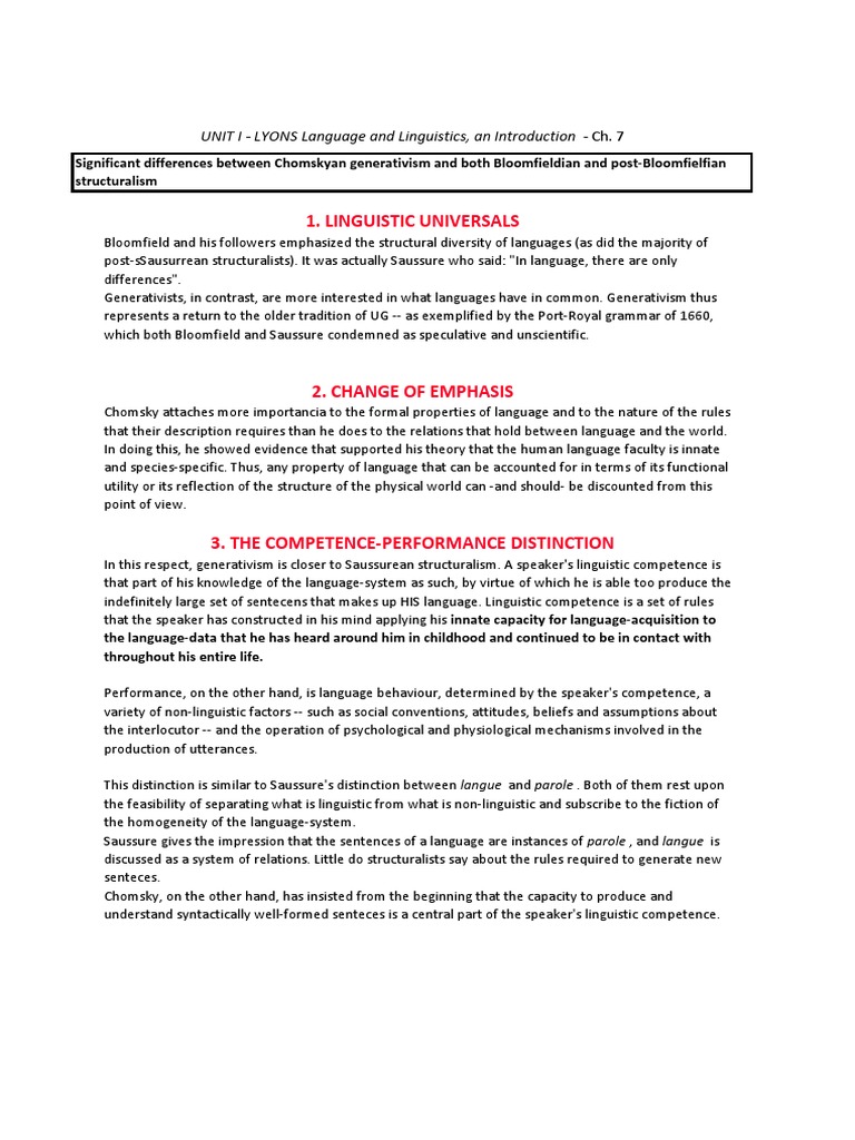 UNIT I - LYONS Language and Linguistics, An Introduction - Ch. 7.4 | PDF | Linguistics | Noam ...