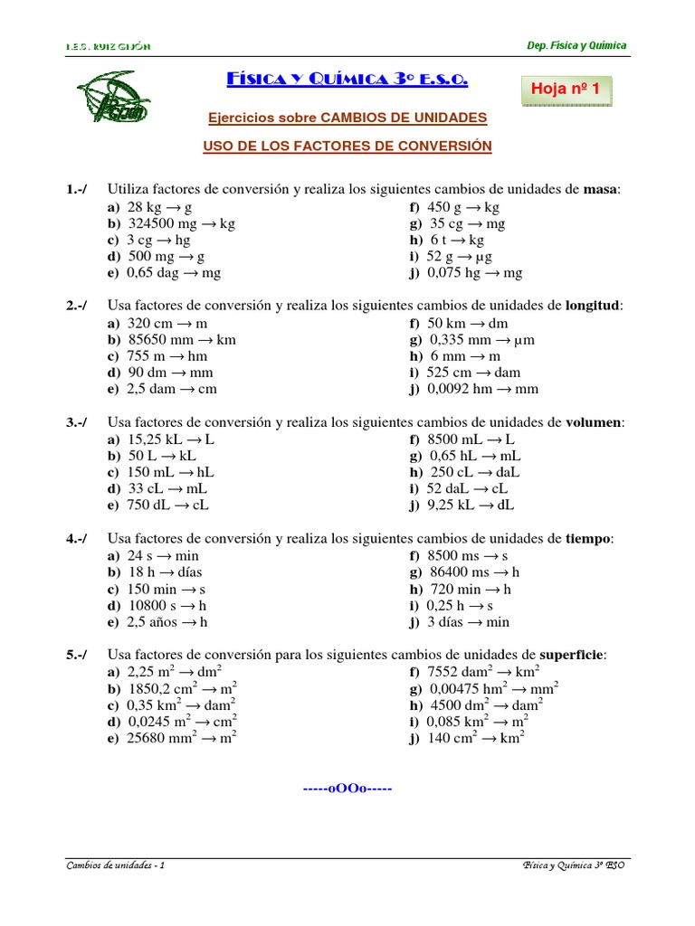Ejercicios Factores Conversion-Hoja 1 PDF | PDF | Unidades de medida | Sistema Internacional de ...
