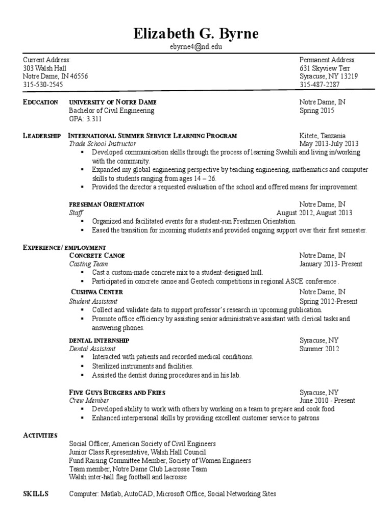 Elizabeth Byrne - Civil Engineering Resume | PDF | Sports & Recreation