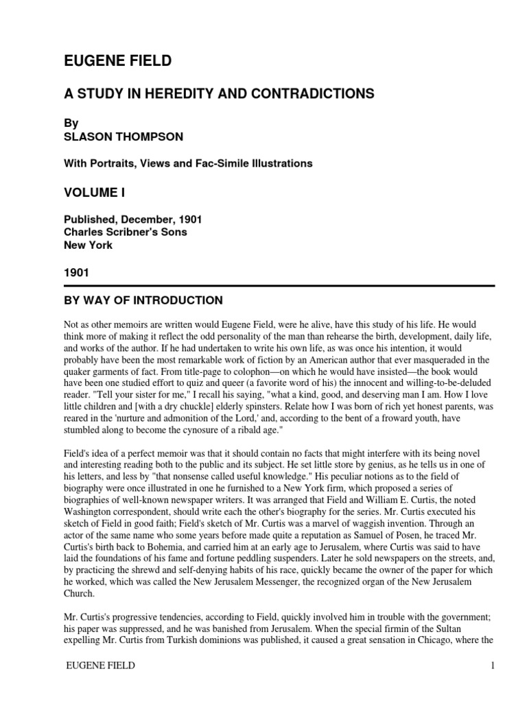 Eugene Field, A Study in Heredity and Contradictions - Volume 1 by ...