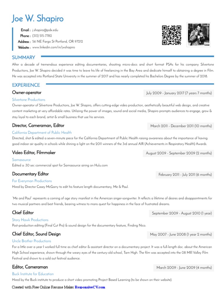 Filmmaker & Documentary Editor Resume Example | PDF | Filmmaking ...
