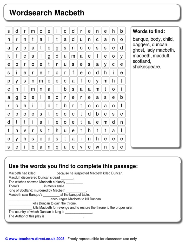 Wordsearch 1428225 | PDF | Macbeth | Shakespearean Characters