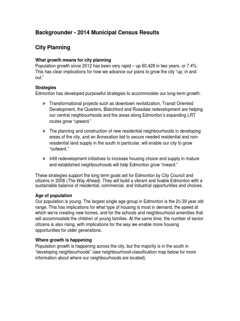 Backgrounder - 2014 Municipal Census Results City Planning | PDF ...