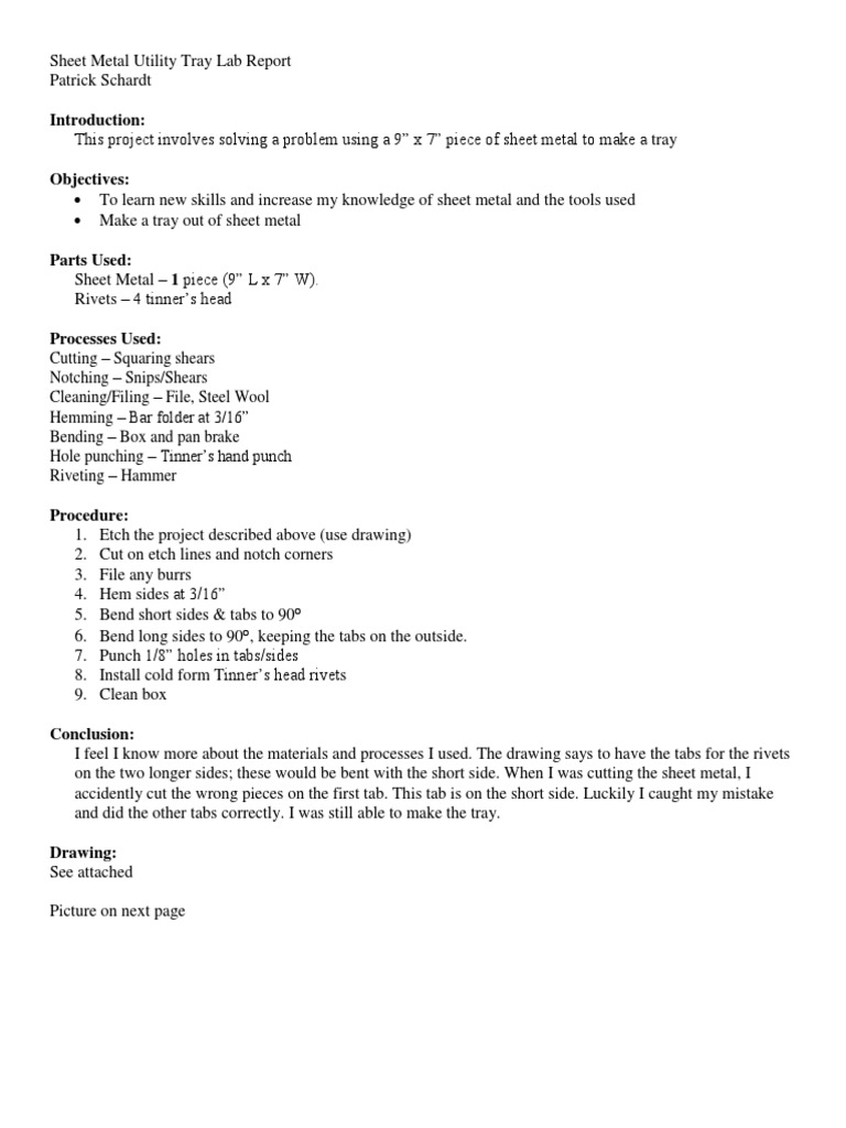 Schardt - Sheet Metal Box Lab Report | PDF