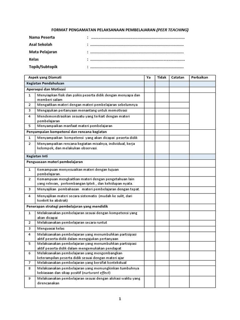 Lembar Pengamatan Peer Teaching | PDF