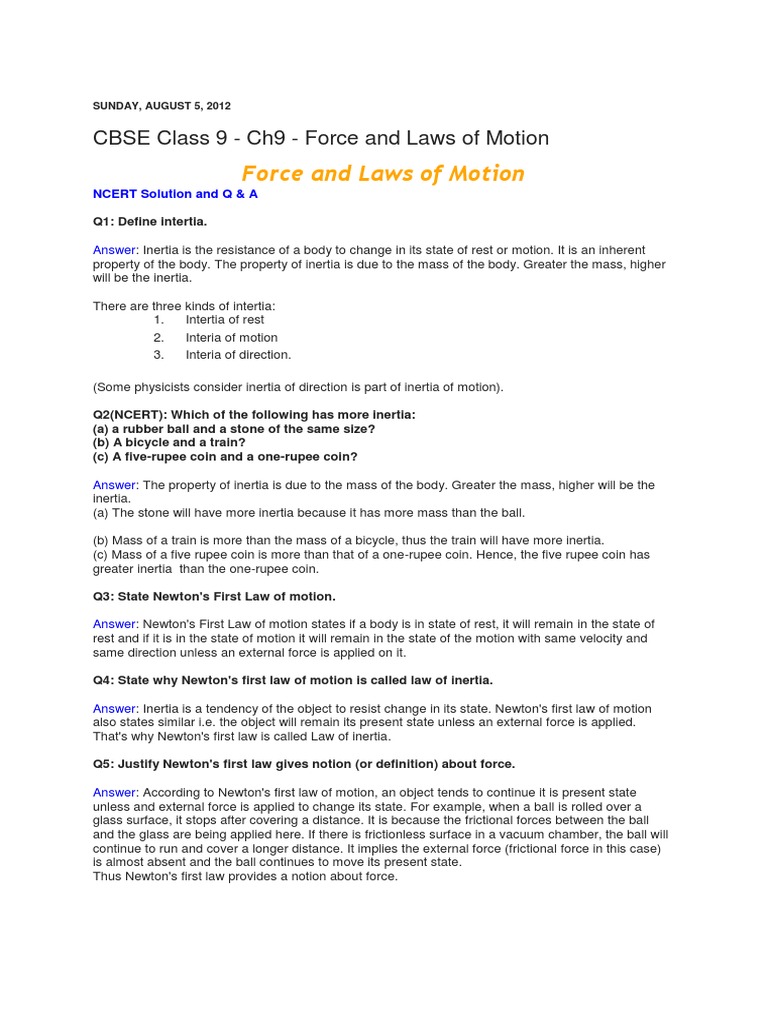 CBSE Class 9 - Ch9 - Force and Laws of Motion | PDF | Inertia | Force