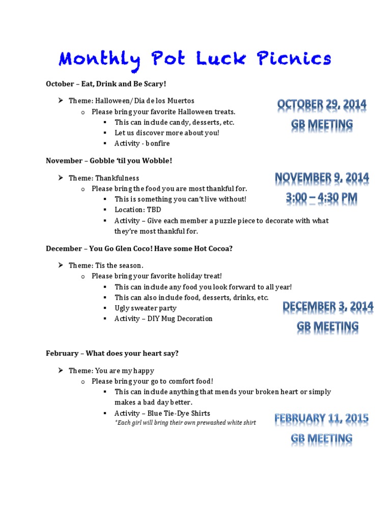Monthly Pot Luck Picnics | PDF