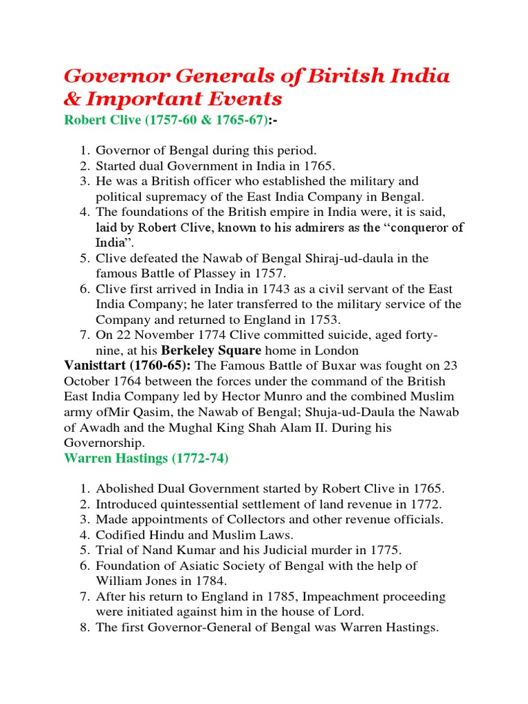 Governor Generals of British India | PDF | British Raj | British India