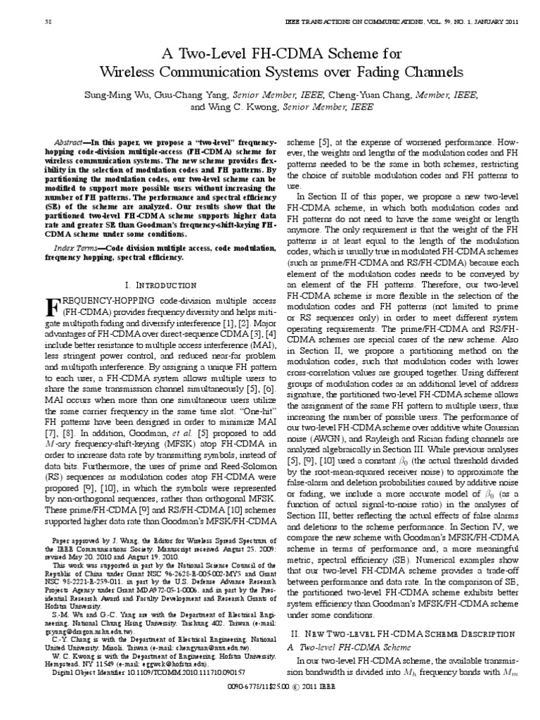 A Two-Level FH-CDMA Scheme For Wireless Communication Systems Over Fading Channels | PDF ...