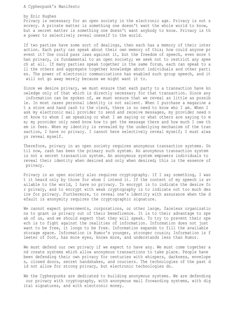 Cypherpunk Manifesto | PDF | Privacy | Cryptography