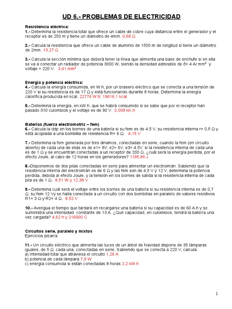 20 Electricidad Problemas | PDF | Resistencia Eléctrica y Conductancia | Corriente eléctrica