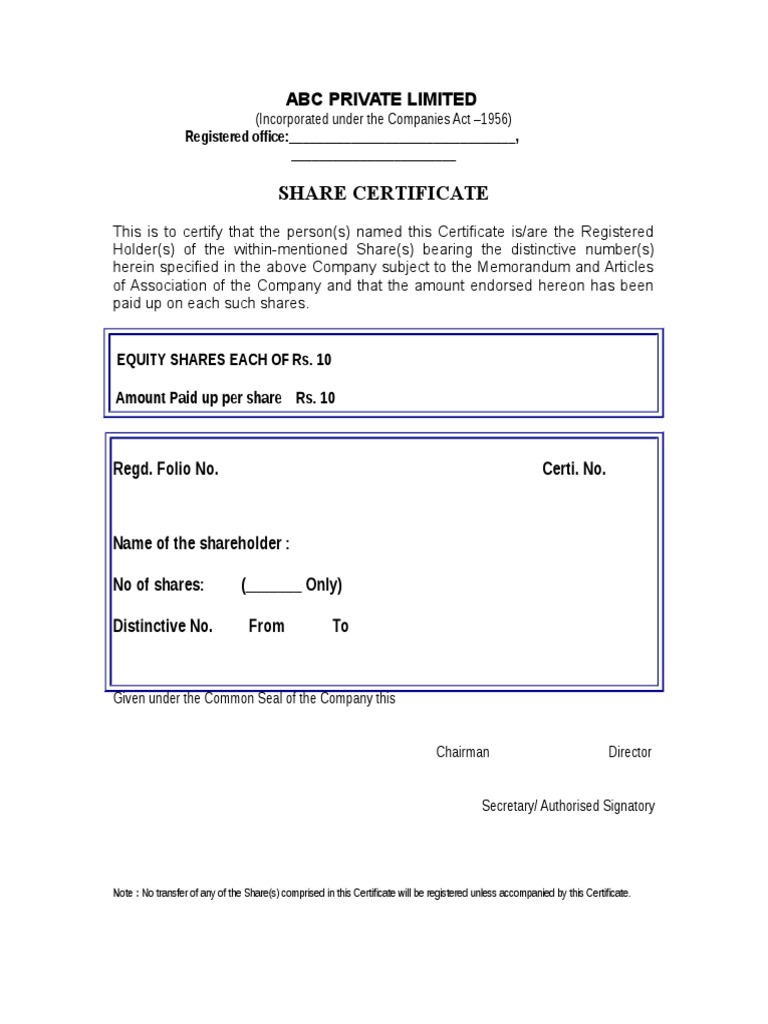Share Certificate Format for Pvt Ltd Company | PDF