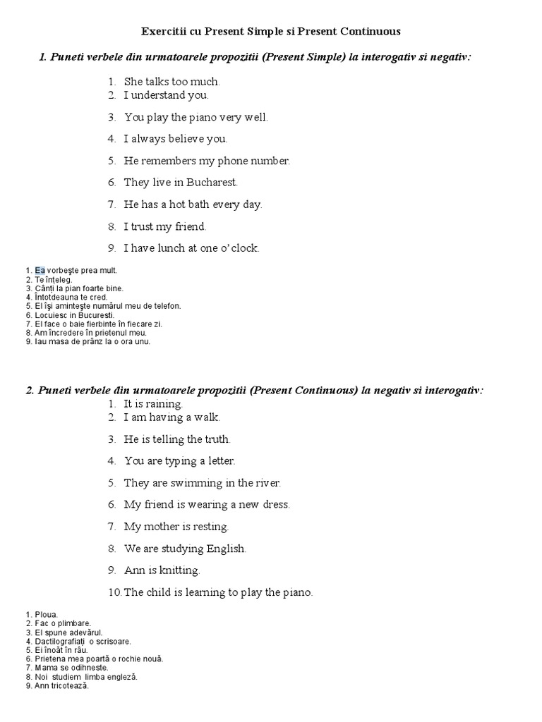 Exercitii Cu Present Simple Si Present Continuous | PDF | Nature