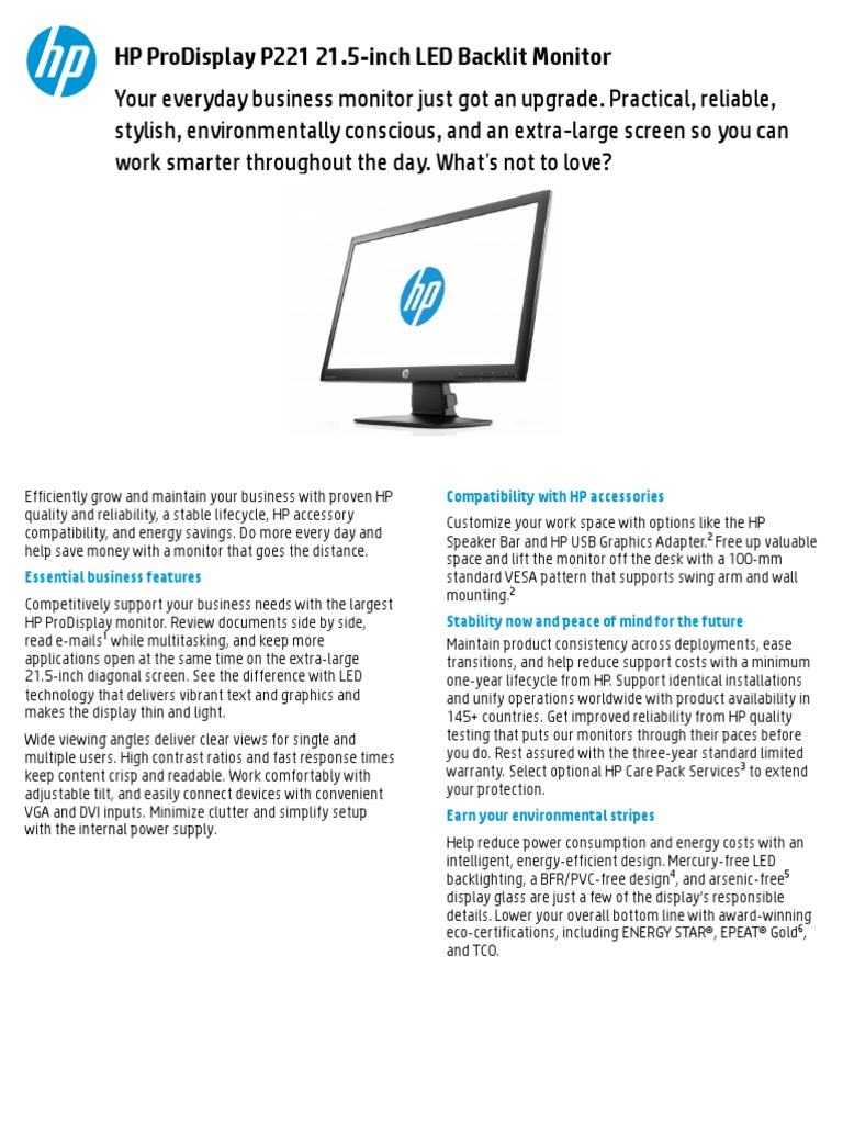 HP ProDisplay P221 Datasheet | Computer Monitor | Display Resolution