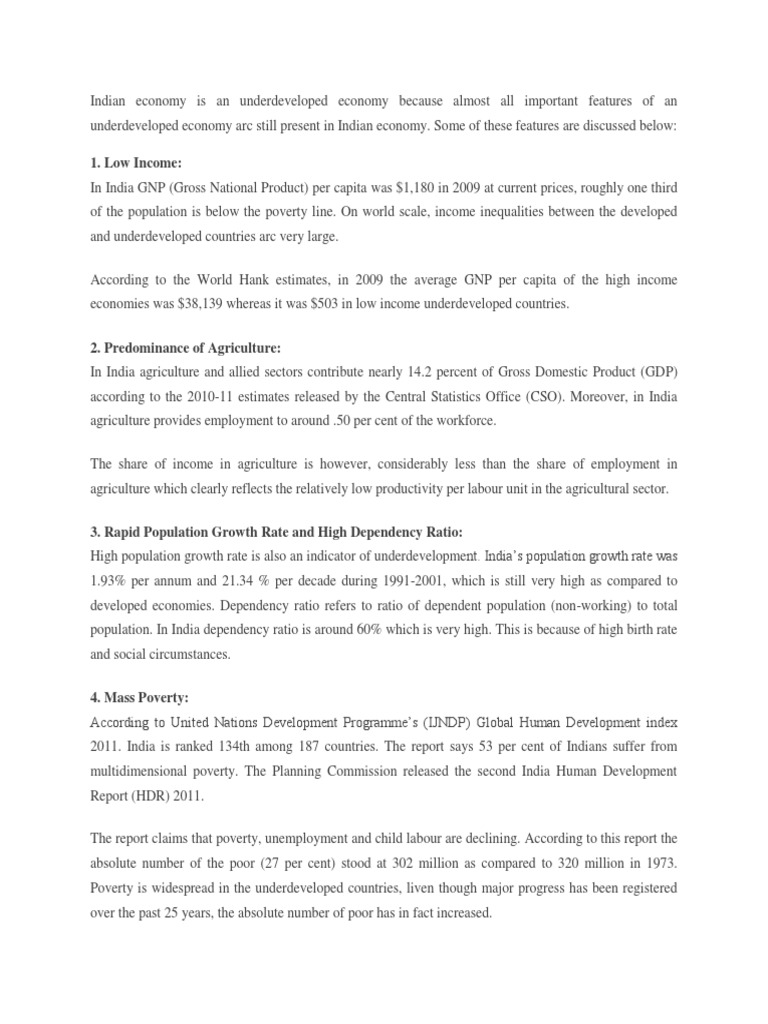 Indian Economy Is An Underdeveloped Economy Because Almost All ...