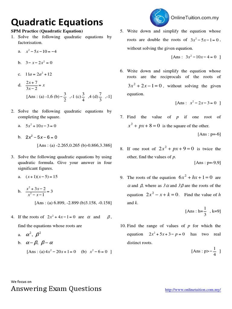 SPM Practice Add Maths Quadratic Equations | PDF | Quadratic Equation | Equations