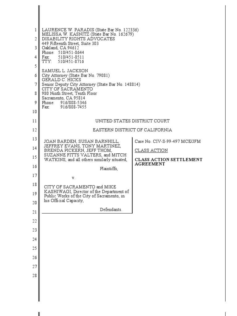 Barden Vs City of Sacramento - Class Action Settlement Agreement | PDF ...
