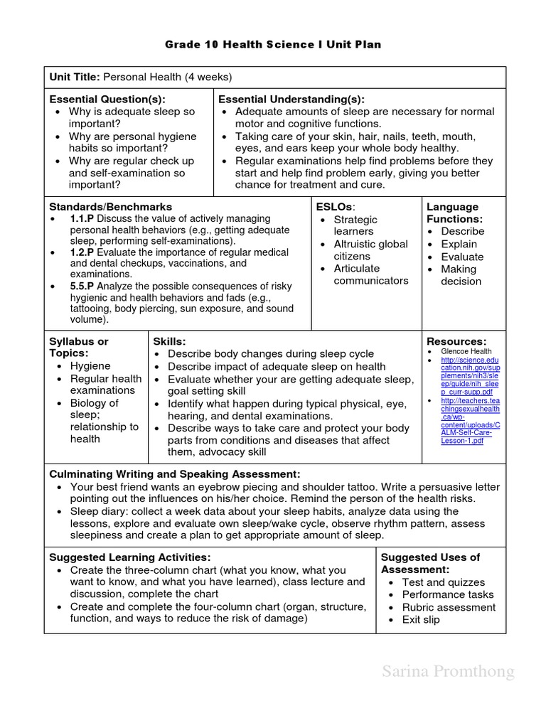 g10 Health Unit Plan | PDF | Self Esteem | Substance Abuse