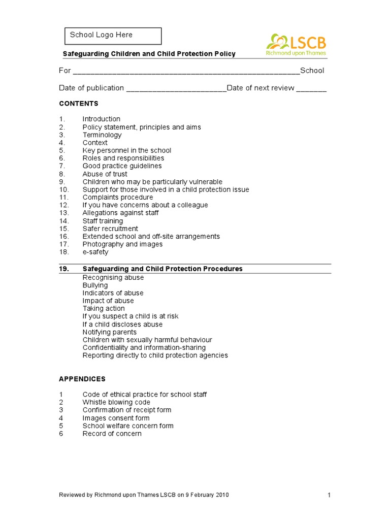 Model Safeguarding Policy | PDF | Child Protection | Human Development